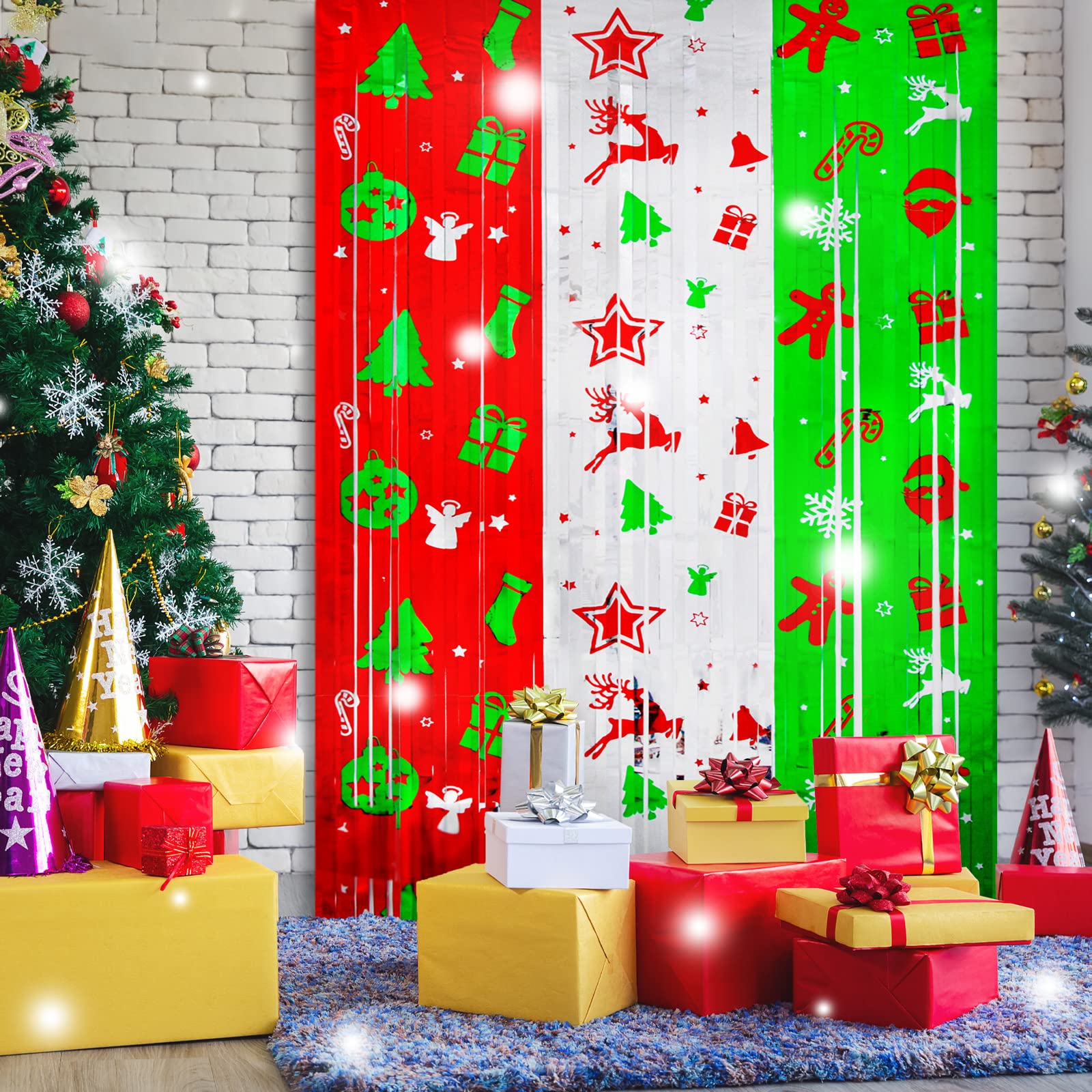 LOLStar Christmas Party Decoration, 4 Pack Christmas Themed Pattern Foil Fringe Curtains 3.3 X 6.6 ft Red Silver Green Tinsel Fringe Photo Backdrop Streamer Backdrop for Christmas, Ugly Sweater Party