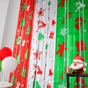 LOLStar Christmas Party Decoration, 4 Pack Christmas Themed Pattern Foil Fringe Curtains 3.3 X 6.6 ft Red Silver Green Tinsel Fringe Photo Backdrop Streamer Backdrop for Christmas, Ugly Sweater Party