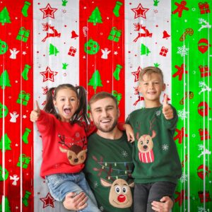 LOLStar Christmas Party Decoration, 4 Pack Christmas Themed Pattern Foil Fringe Curtains 3.3 X 6.6 ft Red Silver Green Tinsel Fringe Photo Backdrop Streamer Backdrop for Christmas, Ugly Sweater Party