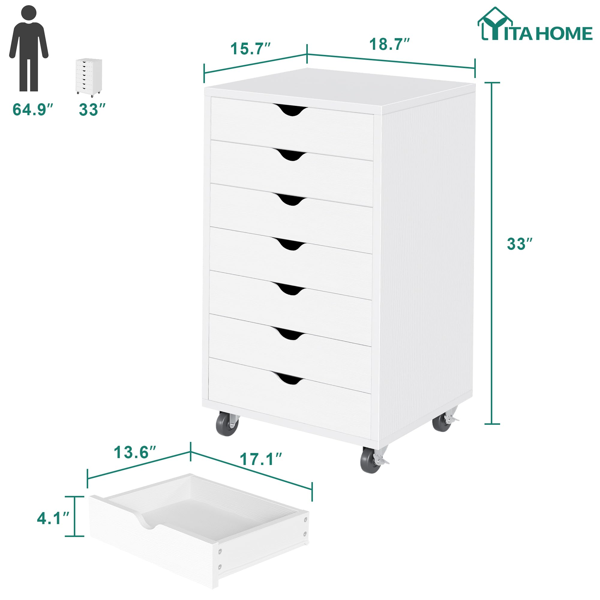 YITAHOME 7 Drawer Chest, Mobile File Cabinet with Wheels, Home Office Storage Dresser Cabinet, White