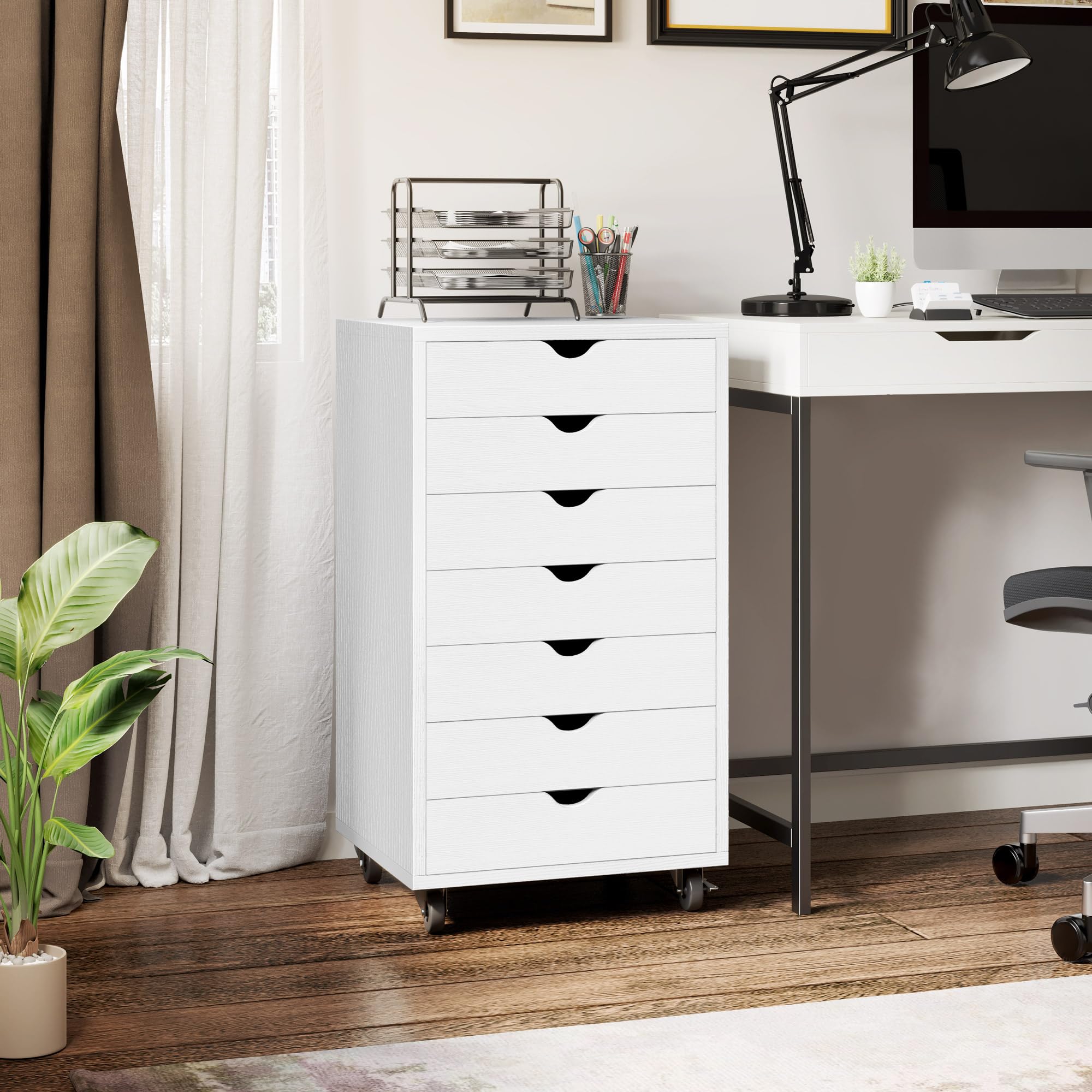 YITAHOME 7 Drawer Chest, Mobile File Cabinet with Wheels, Home Office Storage Dresser Cabinet, White