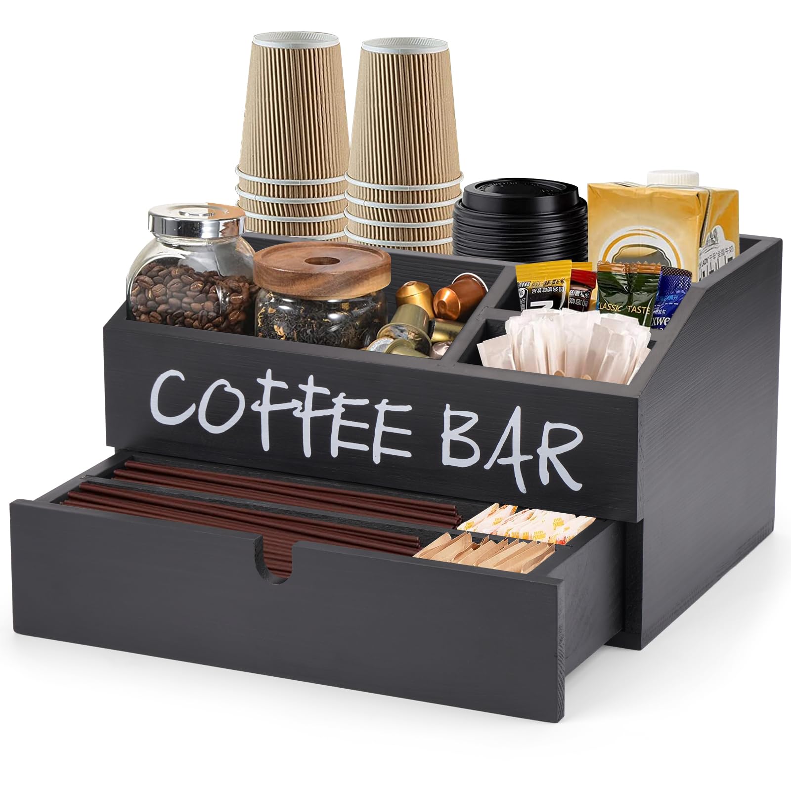 Alliecoin Coffee Station Organizer, Wood Coffee Bar Organizer for Countertop with Drawer, K Cup Coffee Bar Condiment Organizer, Coffee Pod Holder for Decor (30x20x16cm) - Black