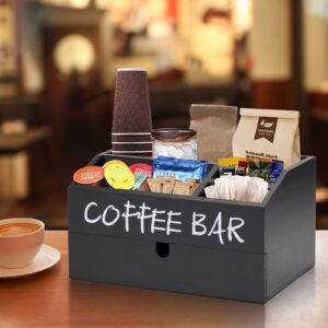 Alliecoin Coffee Station Organizer, Wood Coffee Bar Organizer for Countertop with Drawer, K Cup Coffee Bar Condiment Organizer, Coffee Pod Holder for Decor (30x20x16cm) - Black