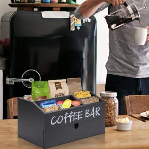 Alliecoin Coffee Station Organizer, Wood Coffee Bar Organizer for Countertop with Drawer, K Cup Coffee Bar Condiment Organizer, Coffee Pod Holder for Decor (30x20x16cm) - Black