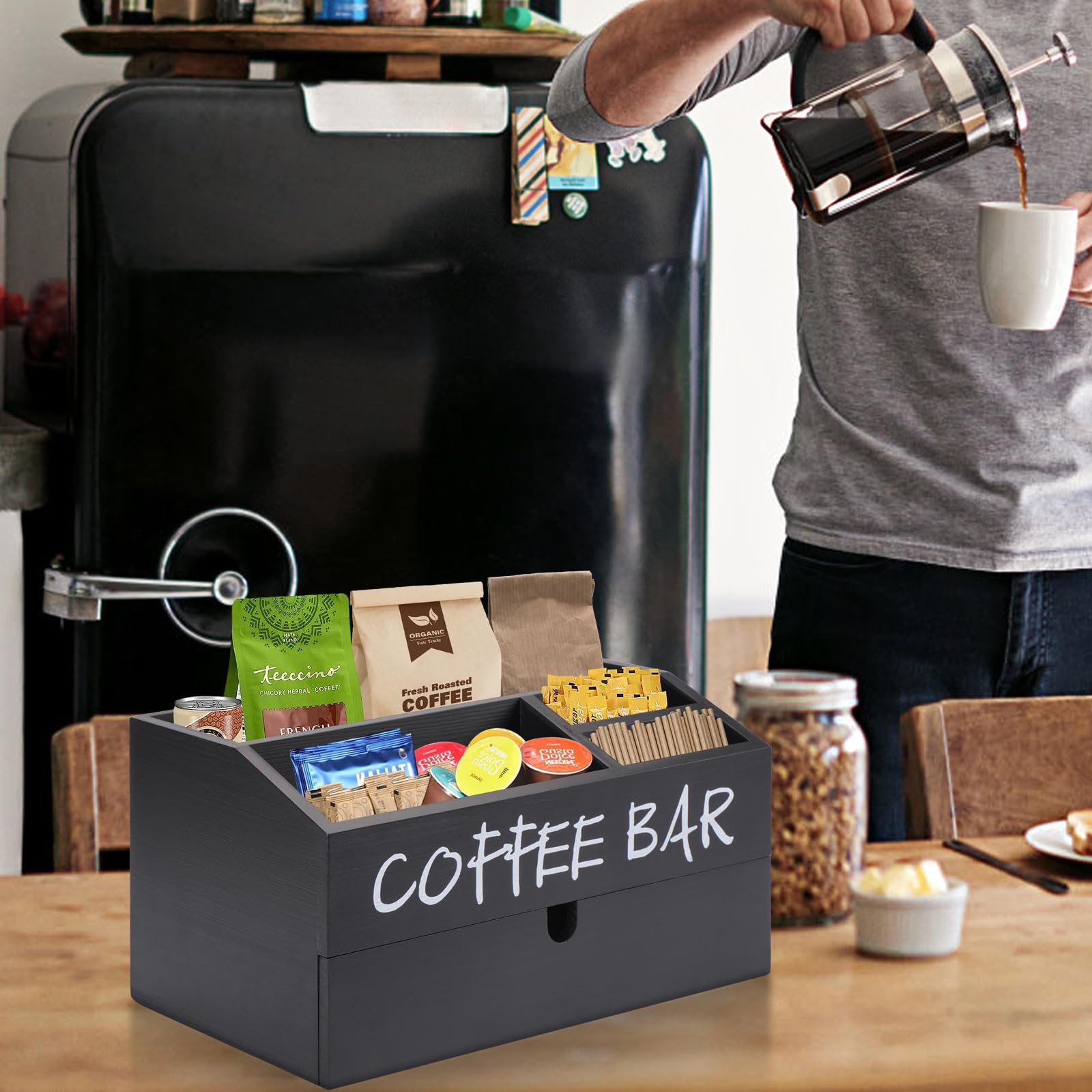 Alliecoin Coffee Station Organizer, Wood Coffee Bar Organizer for Countertop with Drawer, K Cup Coffee Bar Condiment Organizer, Coffee Pod Holder for Decor (30x20x16cm) - Black