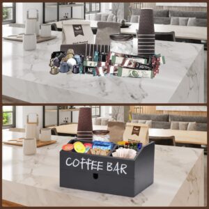 Alliecoin Coffee Station Organizer, Wood Coffee Bar Organizer for Countertop with Drawer, K Cup Coffee Bar Condiment Organizer, Coffee Pod Holder for Decor (30x20x16cm) - Black