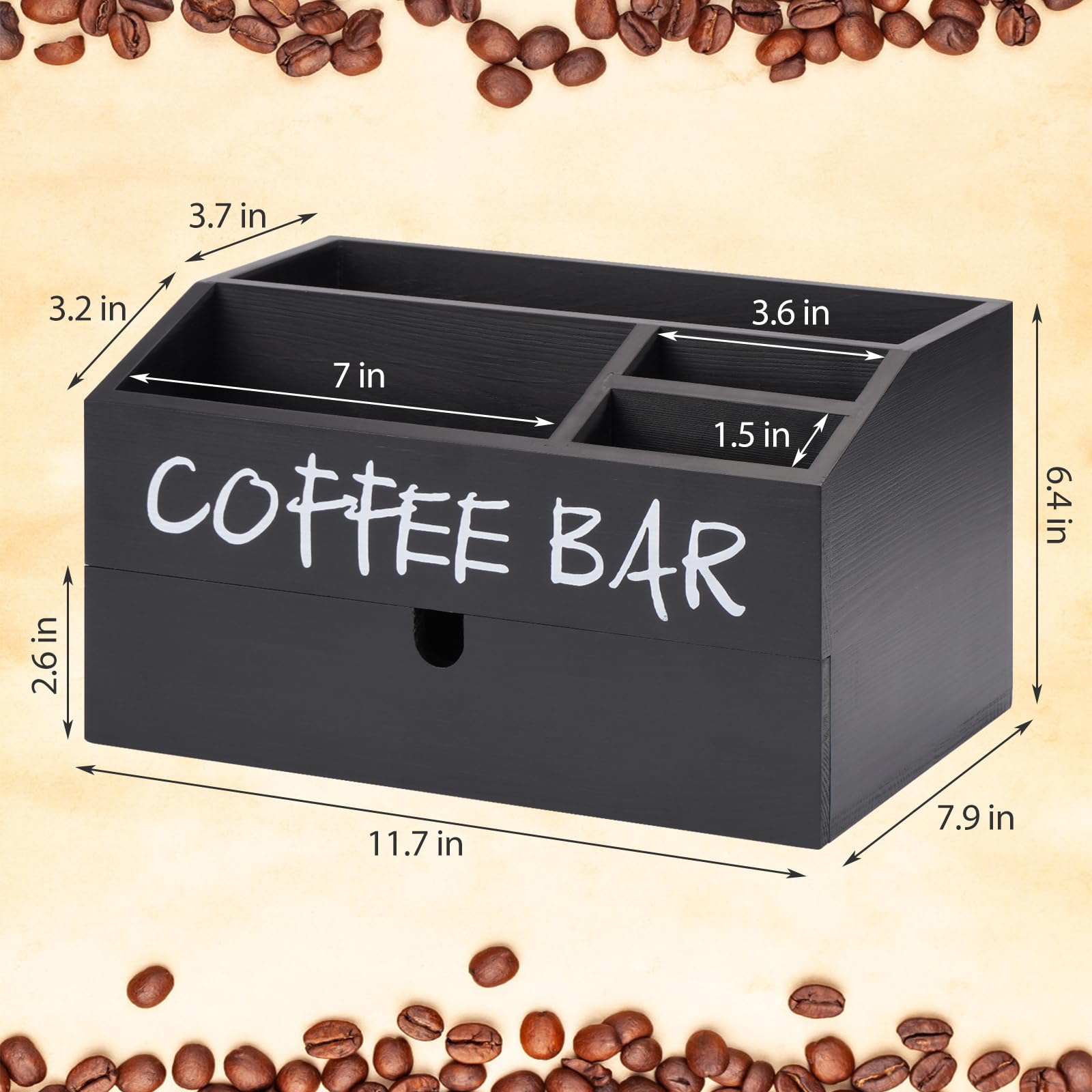 Alliecoin Coffee Station Organizer, Wood Coffee Bar Organizer for Countertop with Drawer, K Cup Coffee Bar Condiment Organizer, Coffee Pod Holder for Decor (30x20x16cm) - Black