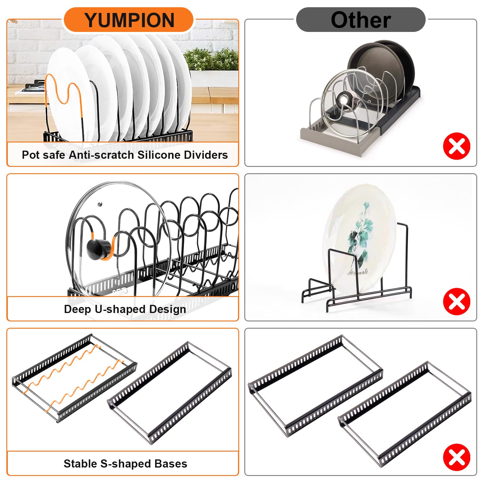 YUMPION Heavy-Duty Cast Iron Pot Organizer, 10 Adjustable Compartments, Expandable, Anti-Scratch, Easy Assembly, 10 Pcs