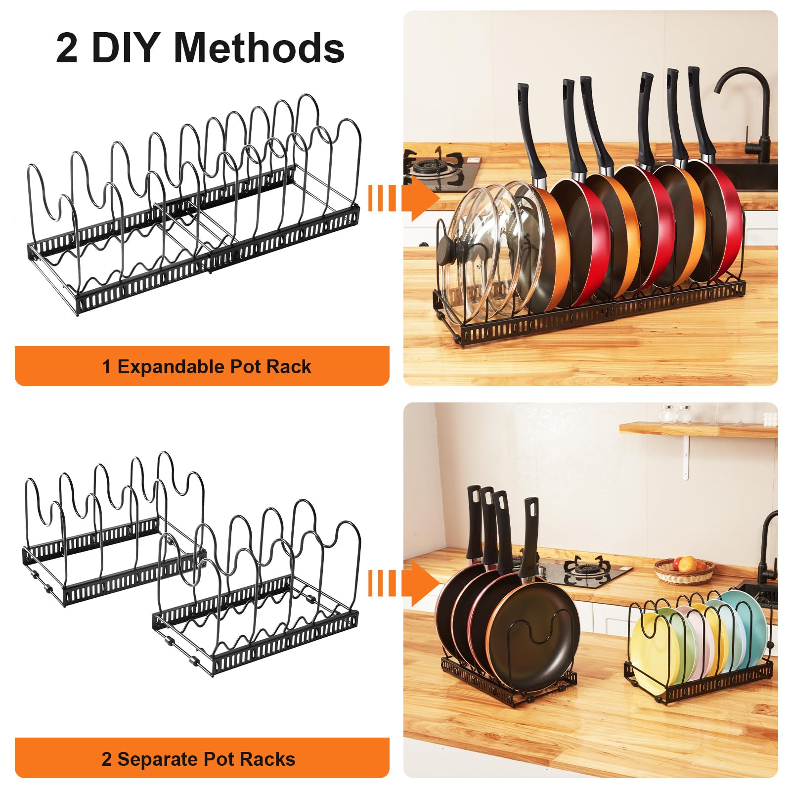 YUMPION Heavy-Duty Cast Iron Pot Organizer, 10 Adjustable Compartments, Expandable, Anti-Scratch, Easy Assembly, 10 Pcs