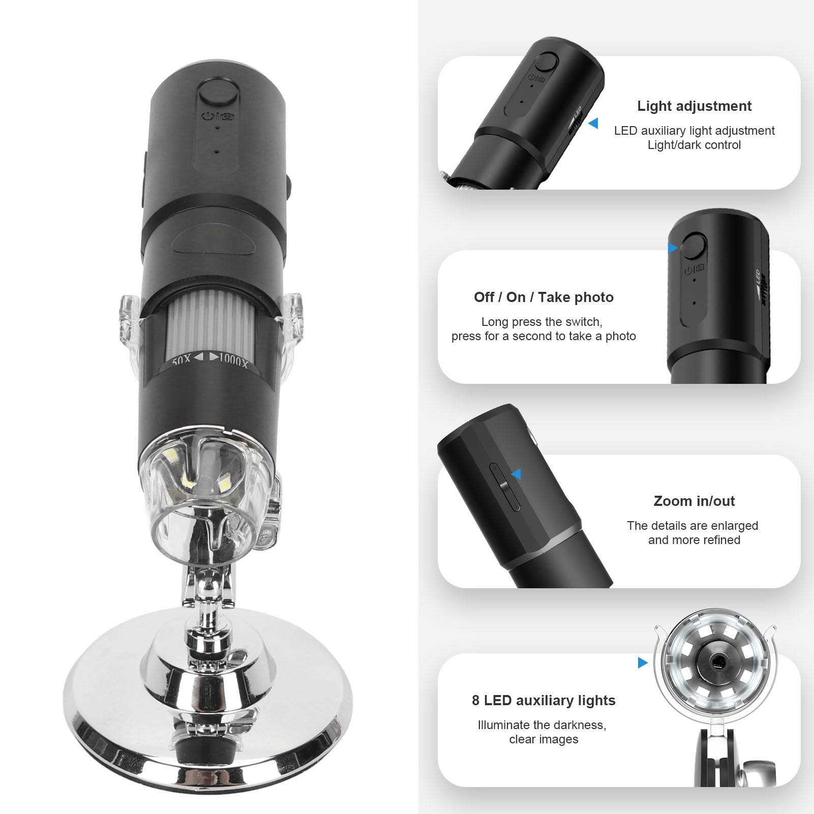 Wireless Digital Microscope 50X-1000X, WiFi Portable Handheld Mini USB Microscope Camera Magnifier for Phone & Computer, for Scalp Electronic Circuit Board