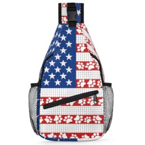 fzdxzjj usa flag paw print crossbody sling backpack sling bag american flag small chest bag for women men outdoor shoulder bag travel hiking daypack for sports running cycling walking