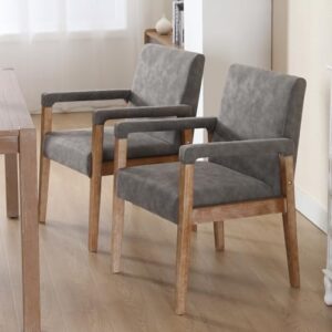 Kmax Modern Dining Chairs Faux Leather Kitchen Arm Chairs Upholstered Accent Chairs Set of 2 with Wooden Legs for Dining Room, Living Room, Bedroom, Grey