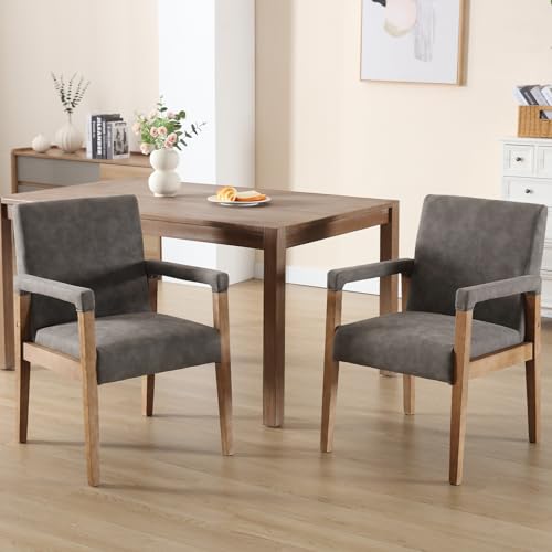 Kmax Modern Dining Chairs Faux Leather Kitchen Arm Chairs Upholstered Accent Chairs Set of 2 with Wooden Legs for Dining Room, Living Room, Bedroom, Grey