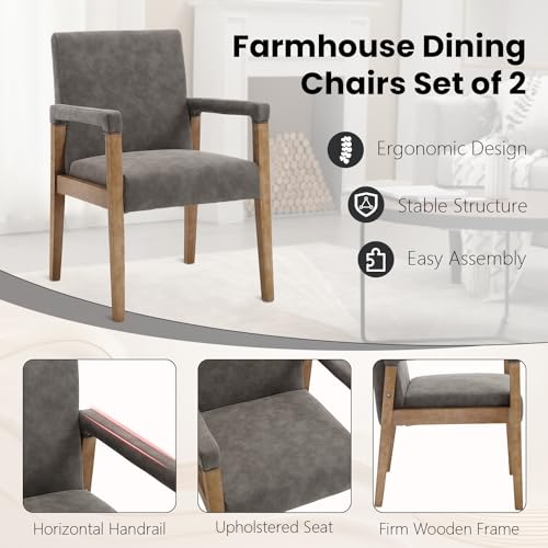 Kmax Modern Dining Chairs Faux Leather Kitchen Arm Chairs Upholstered Accent Chairs Set of 2 with Wooden Legs for Dining Room, Living Room, Bedroom, Grey