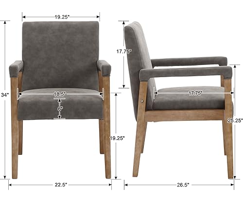 Kmax Modern Dining Chairs Faux Leather Kitchen Arm Chairs Upholstered Accent Chairs Set of 2 with Wooden Legs for Dining Room, Living Room, Bedroom, Grey