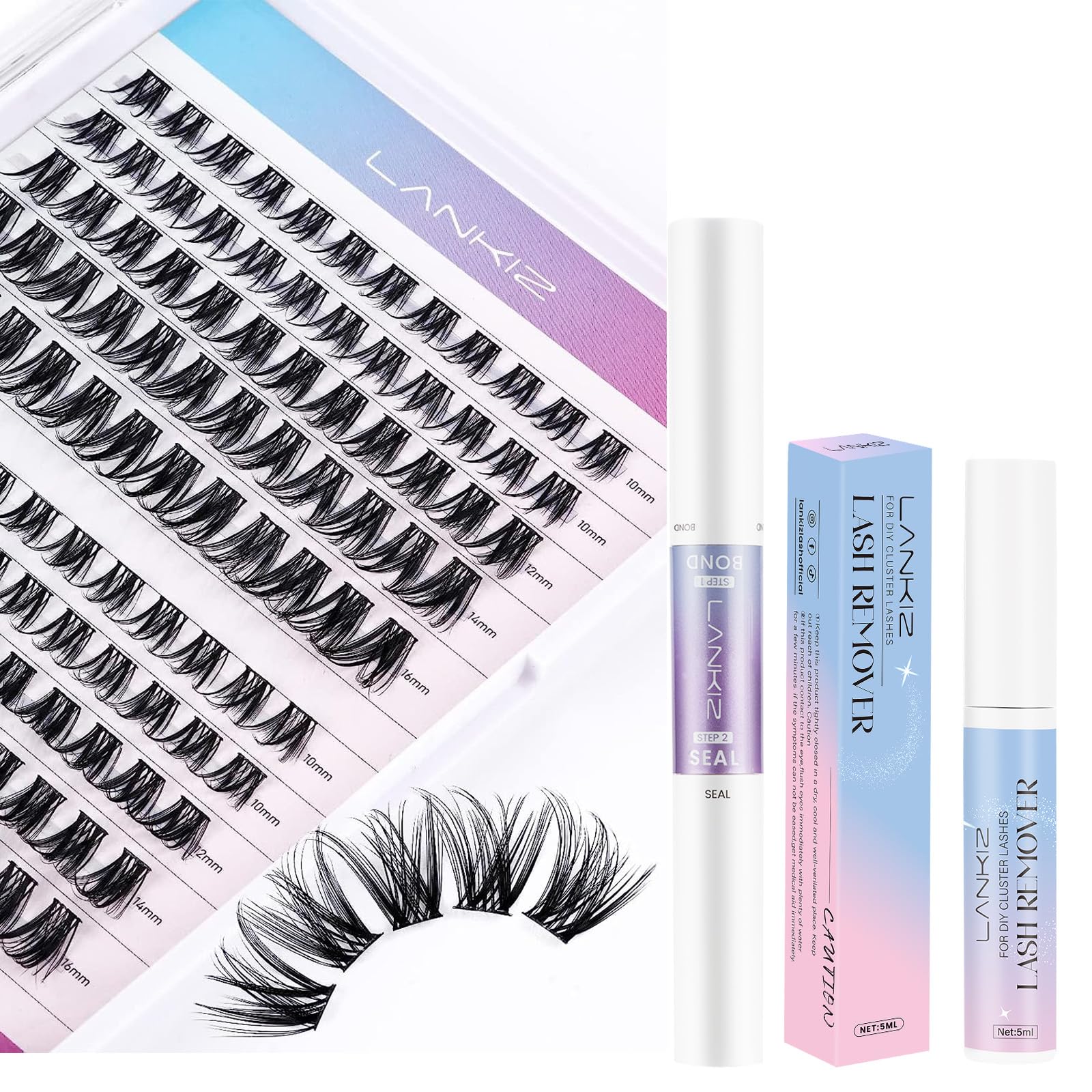 LANKIZ Lash Clusters Kit, Individual Lashes Kit, 120pcs Wispy Cluster Eyelashes Extension with Lash Bond & Seal and Lash Remover Kit