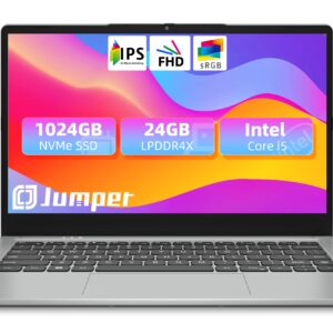 jumper Laptop, 24GB LPDDR4X RAM, 1024GB NVMe SSD, Intel Core i5 CPU(up to 3.6GHz), 14 Inch FHD IPS Display, Laptops Computer with 4 Stereo Speakers, Cooling Fan, 51.3WH, USB3.0 * 3, Metal.