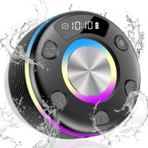 oyib bluetooth shower speaker, portable bluetooth speaker 360° hd sound, rgb lights, fm radio, ipx7 waterproof wireless speaker with suction cup and mic, shower radio for party/outdoor/travel/gifts