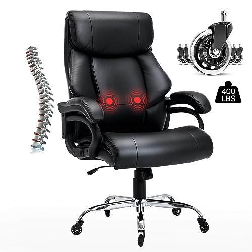 Big and Tall Office Chair for Heavy People 400 lbs, High Back Executive Office Chair with 2-Point Massage and Technological Leather, Plus Size Office Chair with Strong Metal Base Quiet Wheels