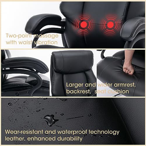 Big and Tall Office Chair for Heavy People 400 lbs, High Back Executive Office Chair with 2-Point Massage and Technological Leather, Plus Size Office Chair with Strong Metal Base Quiet Wheels