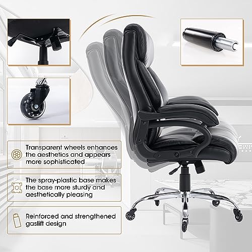 Big and Tall Office Chair for Heavy People 400 lbs, High Back Executive Office Chair with 2-Point Massage and Technological Leather, Plus Size Office Chair with Strong Metal Base Quiet Wheels