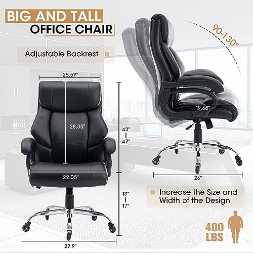 Big and Tall Office Chair for Heavy People 400 lbs, High Back Executive Office Chair with 2-Point Massage and Technological Leather, Plus Size Office Chair with Strong Metal Base Quiet Wheels