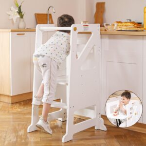 rendpas toddler kitchen stool helper with meal tray & safty rail, adjustable height kids kitchen step stool, toddler standing tower convertible meal chair, wooden toddler counter (white)