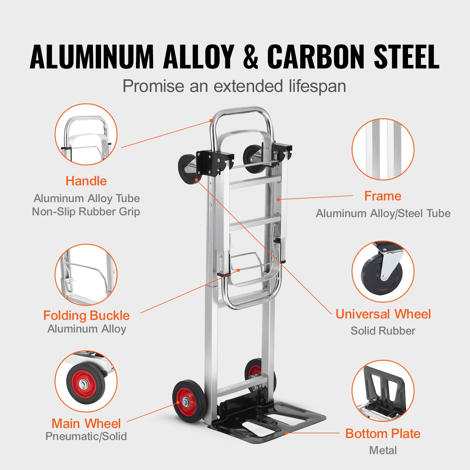 VEVOR Aluminum Folding Hand Truck, 2 in 1 Design 400 lbs Capacity, Heavy Duty Industrial Collapsible cart, Dolly Cart with Rubber Wheels for Transport and Moving in Warehouse, Supermarket, Garden