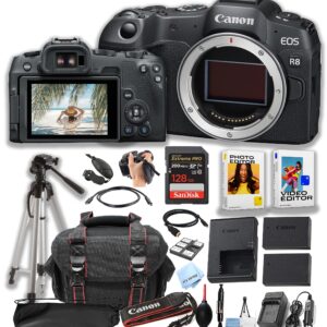 Canon EOS R8 Mirrorless Camera Body + 128GB Pro Speed Memory + Case + Tripod + Software Pack -Proffesional Bundle