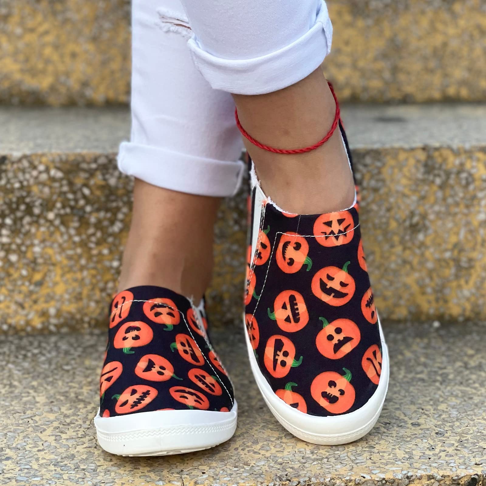 Halloween Shoes for Women Men Tennis Leisure, Fashion Pumpkin Print Bones Strappy Canvas Flatform Padel Shoe Slip On Loafers Comfortable Walking Sneakers