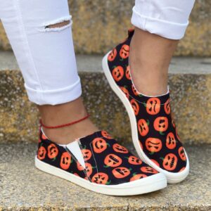 Halloween Shoes for Women Men Tennis Leisure, Fashion Pumpkin Print Bones Strappy Canvas Flatform Padel Shoe Slip On Loafers Comfortable Walking Sneakers