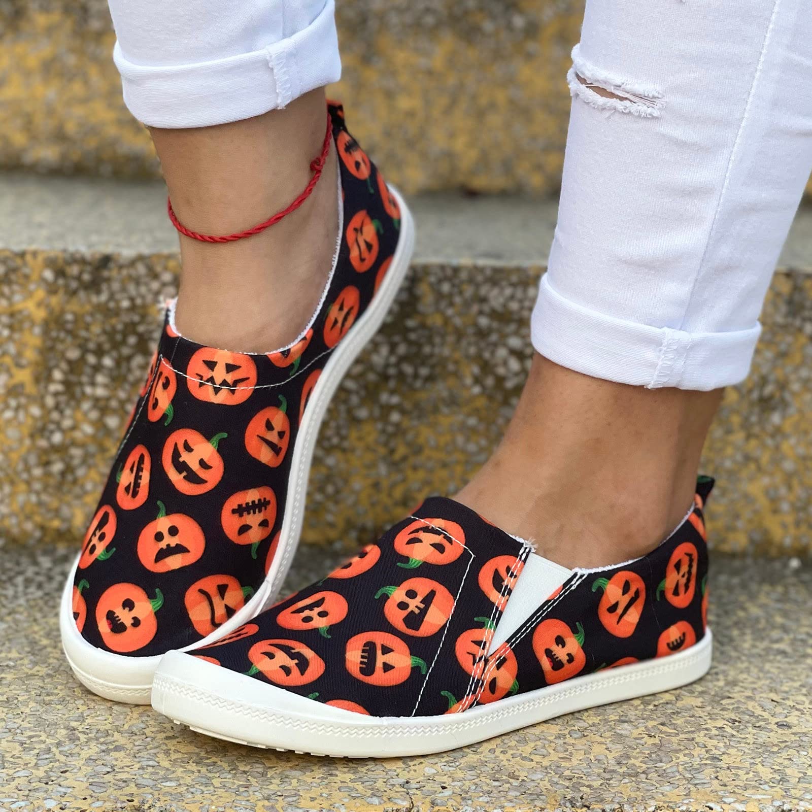 Halloween Shoes for Women Men Tennis Leisure, Fashion Pumpkin Print Bones Strappy Canvas Flatform Padel Shoe Slip On Loafers Comfortable Walking Sneakers