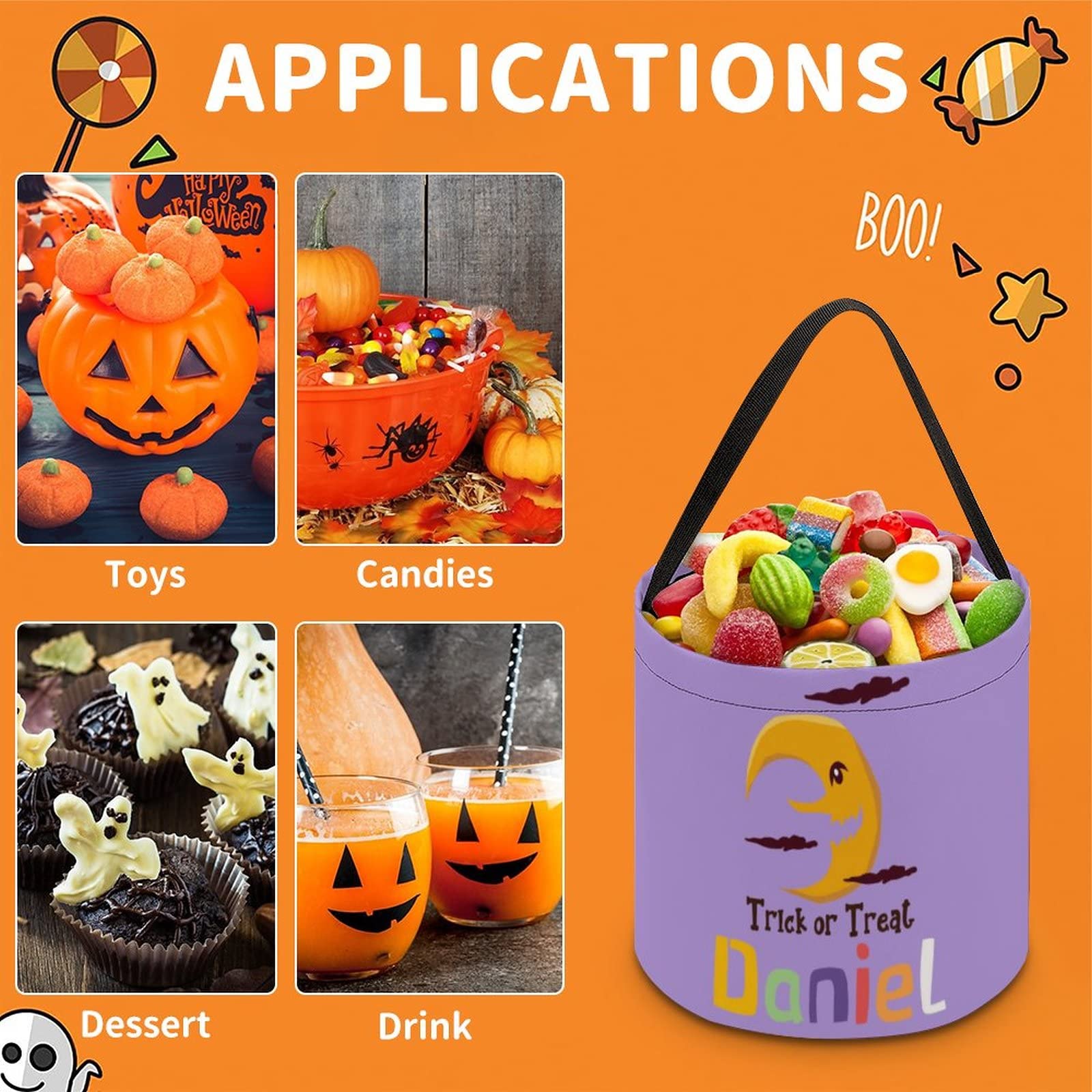 Personalized Halloween Trick or Treat Bucket for Kids Boys Girls Customized Halloween Party Gifts Custom Halloween Tote Bags Pumpkin Bat Candy Bags Basket for Halloween Party Favor Supplies