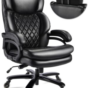 400lbs Big and Tall Office Chair Wide Spring Seat Executive Office Chair for Heavy People Adjustable Headrest Home Office Desk Chair with Heavy Duty Casters 360 Swivel High Back Computer Chair (BLACK)