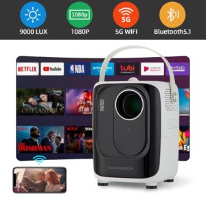 5G WiFi Portable Video Projector, 1080P HD Projector 9000L Mini Projector with Tripod, Outdoor Movie Projector Supported Compatible with Bluetooth / WIFI / USB / SD Card