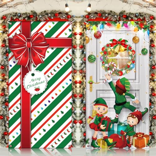 WovWeave 2 Pcs Christmas Door Cover Merry Christmas Front Door Hanging Banner 71 x 35 Inch Xmas Gifts Box and Elves Delivering Gifts Backdrop Door Cover for Holiday Indoor Outside Party Supplies