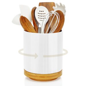 quuavio utensil holder, 360° rotating large kitchen utensils holder for countertop, 7.2" white ceramics cooking utensil crock for farmhouse kitchen decor, spatula organizer gift