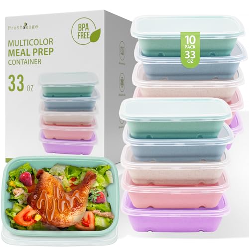 Freshmage® 33OZ Meal Prep Container Reusable,Multicolor 10 Pack Thicker Lunch Prep Food Storage Containers with Lids for Adult On-the-Go Meals,BPA-Free & Microwave Safe