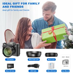 Digital Camera 4K 56MP Vlogging Camera with 3'' 180-degree Flip Screen, 16X Digital Zoom Camera for Photography with Auto Focus & 32GB Card & 2 Batteries for Teens Students Kids Boys Girls