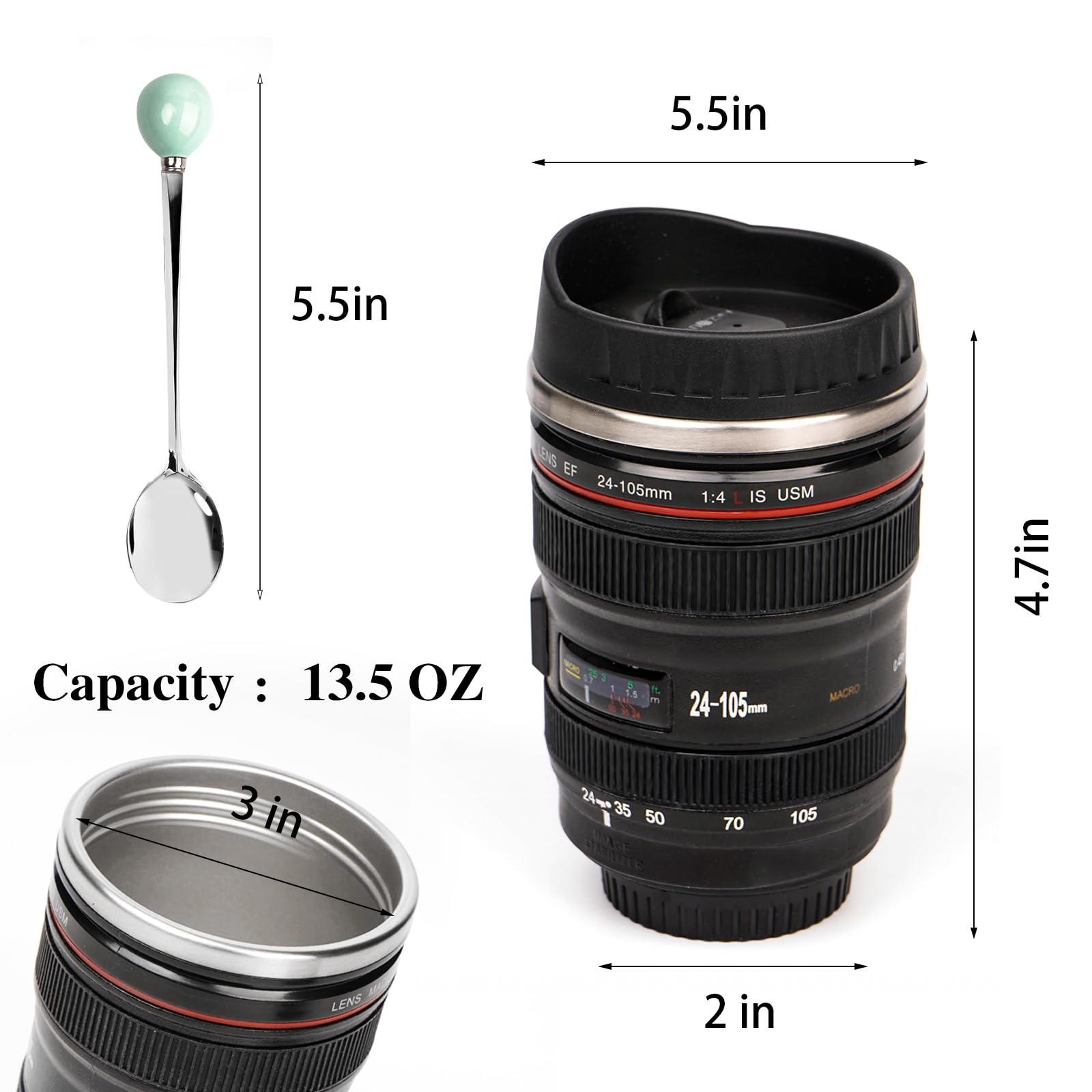 AMZHUB Camera Lens Coffee Mug,Travel Coffee Cup,Stainless Steel Lens Mug Thermos Camera Lens Mug with Lid and Spoon,Cool Gifts for Photographers Men and Women