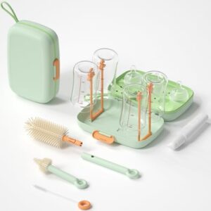 suvast 7in1 travel bottle cleaner kit,baby essentials, with bottle brush、nipple brush、straw cleaner brush、soap dispenser、bottle drying rack、drainage tray、storage box,baby travel essential (green)