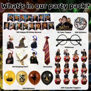 114Pcs Magical Wizard Birthday Decorations, Wizard Party Decorations Include Banners, Cupcake Toppers, Hanging Swirls, Balloons, Stickers, Wizard Tie and Glasses for Kids Birthday Party Favors