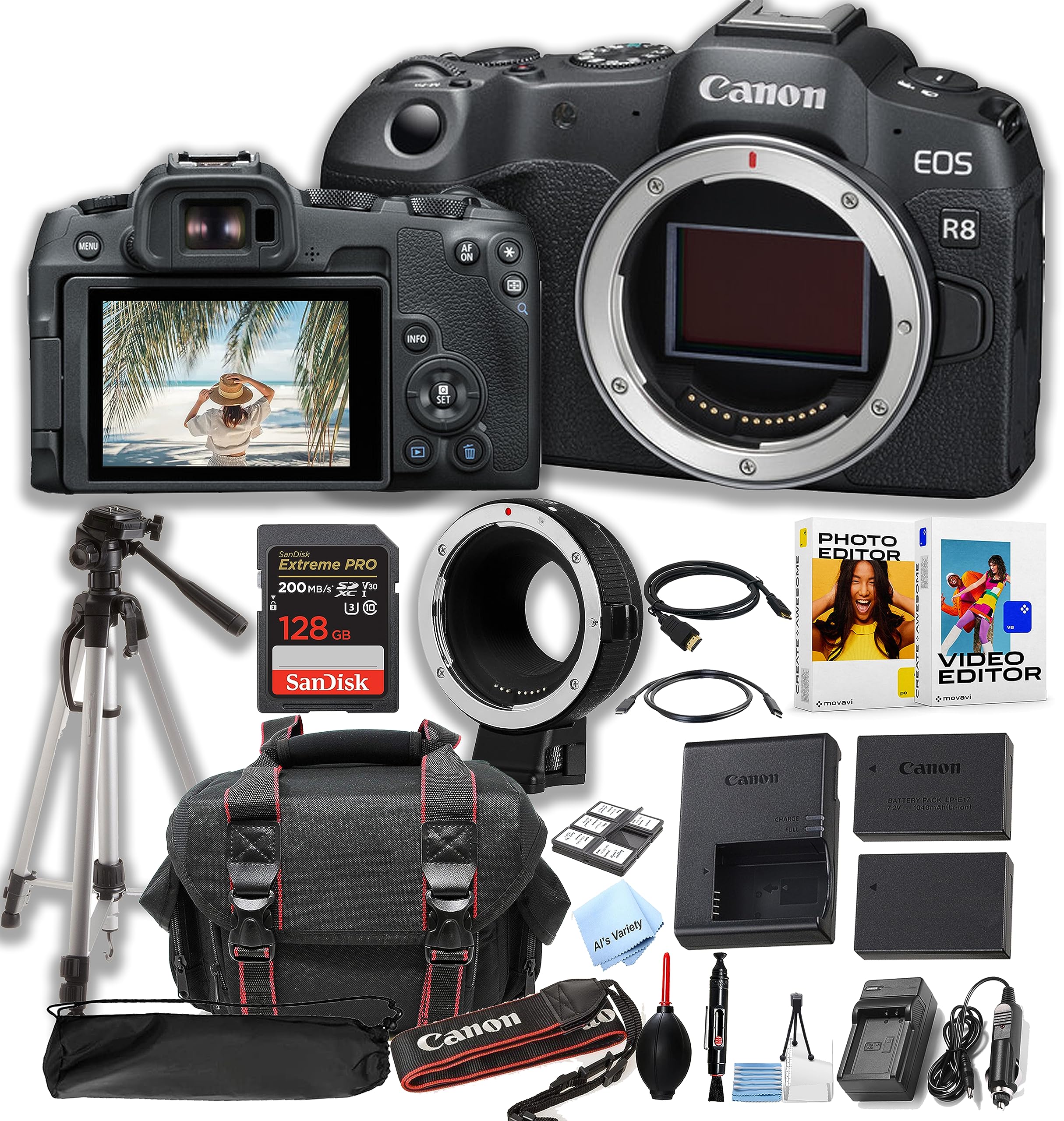 Canon EOS R8 Mirrorless Camera Body + 128GB Pro Speed Memory + EF-RF Lens Adapter +Case + Tripod + Software Pack-Proffesional Bundle (Renewed)