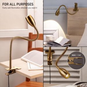 O'Bright Lumos - Versatile Clip-on Lamp: Zoomable Spotlight, Dimmable LED, Flexible Gooseneck, 4000K Light, 100% Metal Clamp - Ideal for Reading, Crafting, Work, and Headboards, Antique Brass