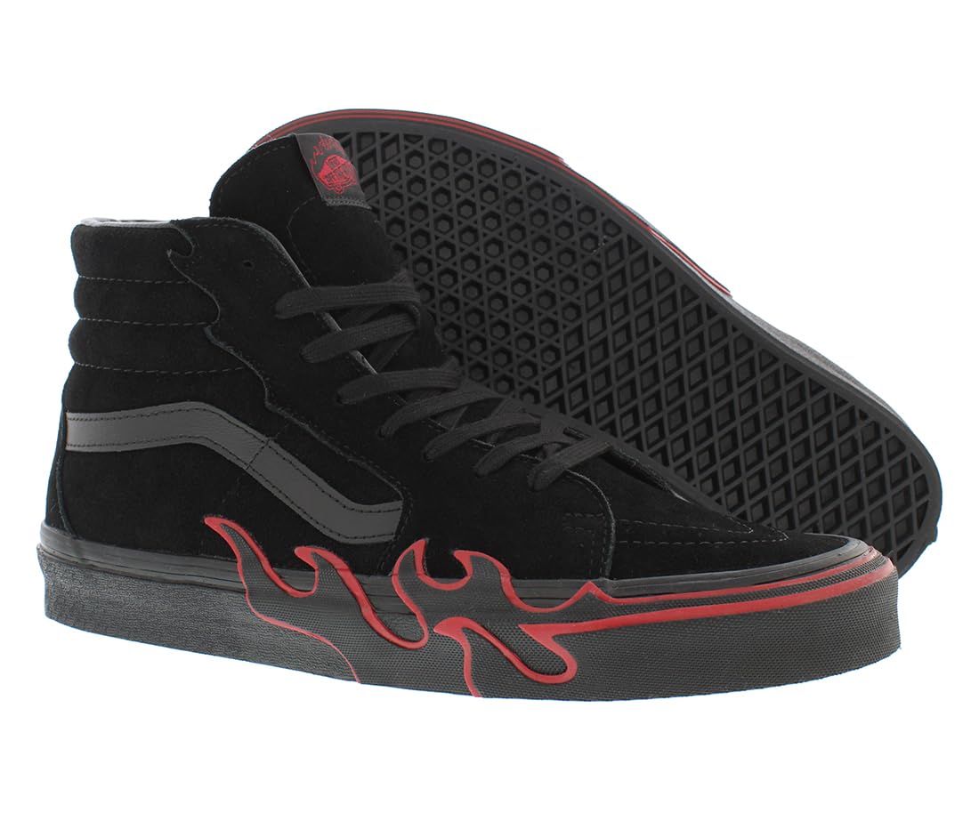 Vans Sk8-Hi Unisex Casual High-Top Skate Shoes, Black Suede/Red Flames, Men 9.5/Women 11