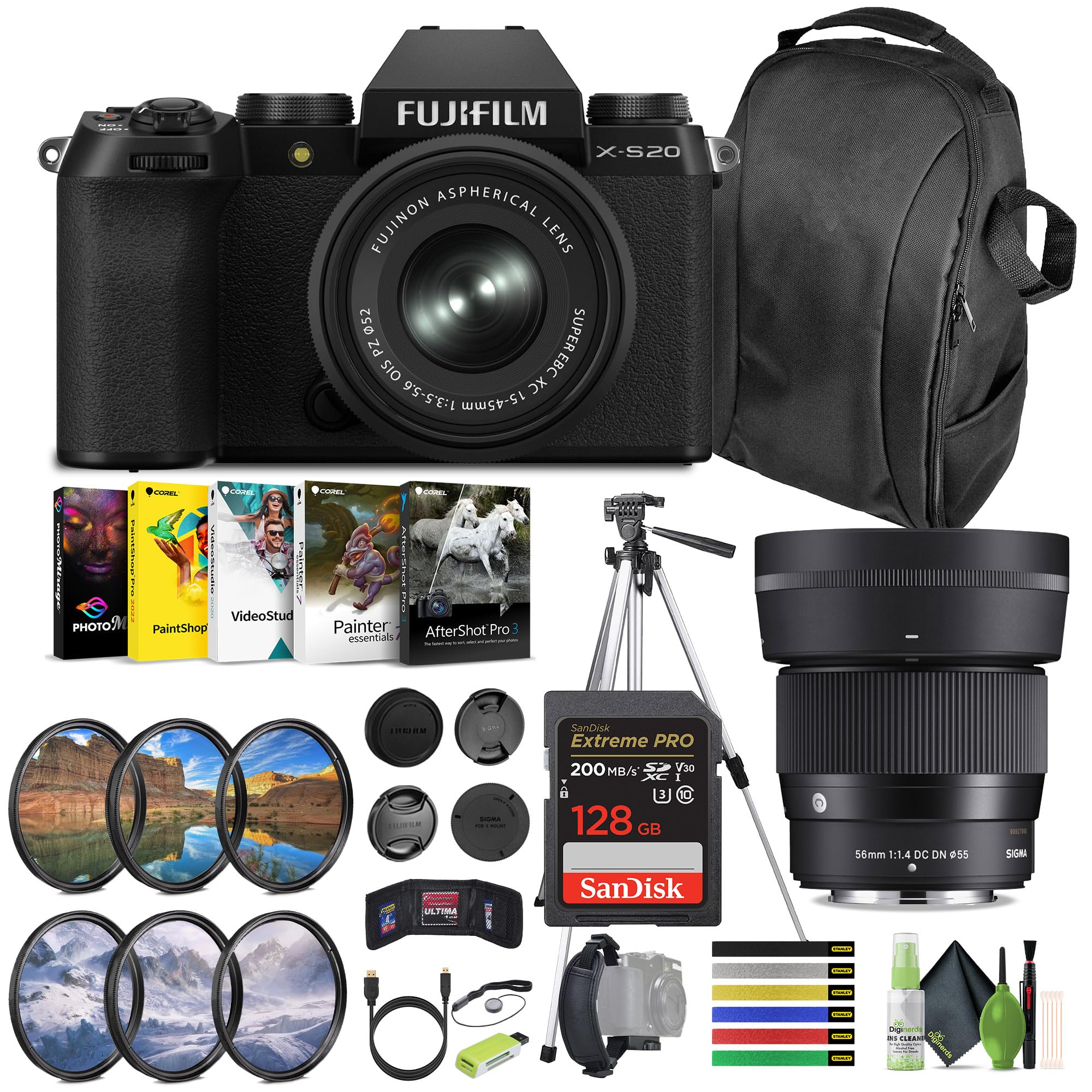 FUJIFILM X-S20 Mirrorless Camera with 15-45mm + Sigma 56mm f/1.4 DC DN Contemporary Lens + 128GB Extreme Pro Memory Card, Corel Editing Software, Tripod, Ideal Vlogging Video Camera Kit (15pc Bundle)