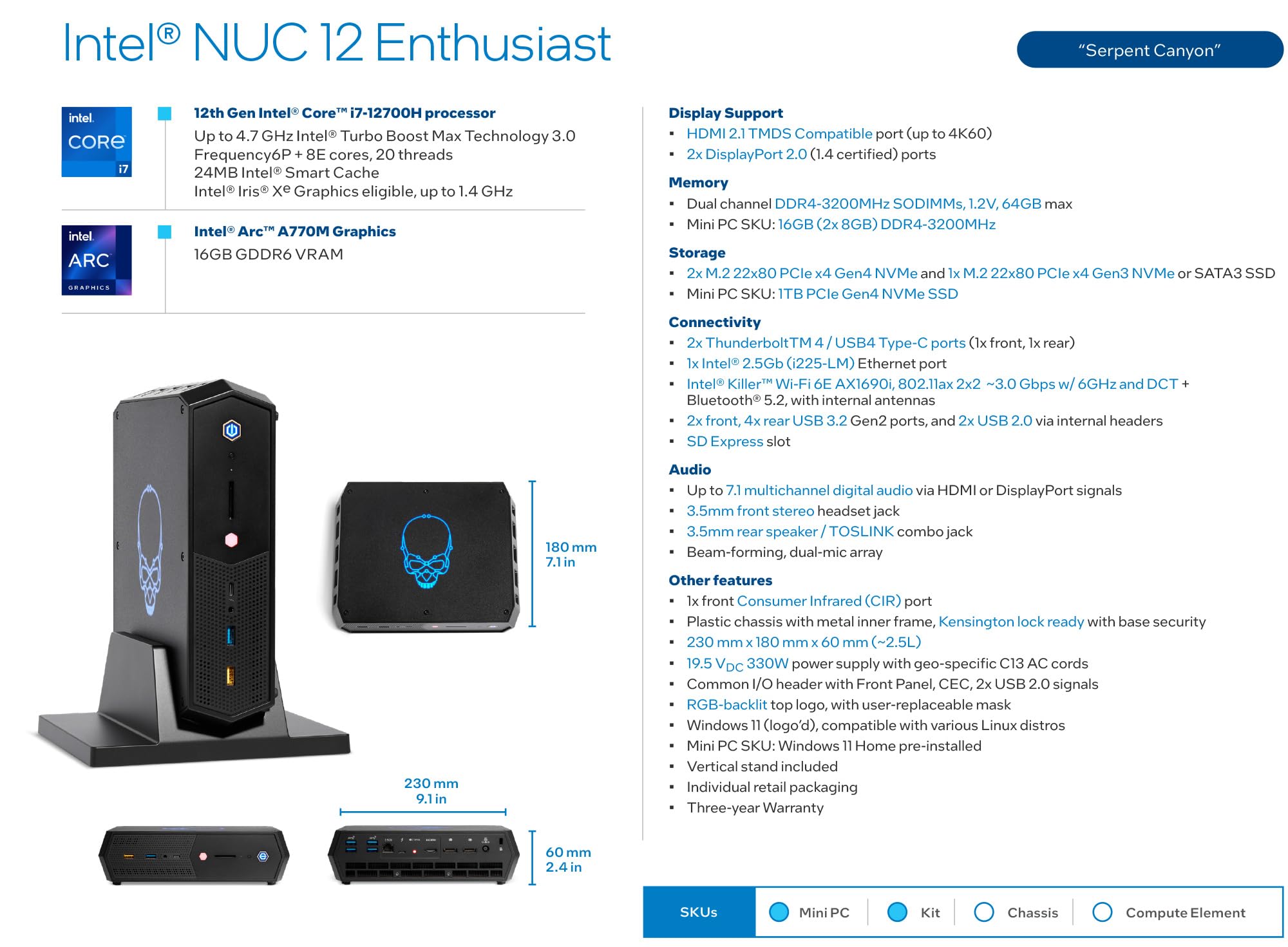 Intel NUC 12 Enthusiast NUC12SNKi7 Mini PC Core i7-12700H | 14 Cores/20 Threads | ARC A770 Graphics | Windows 11 Pro 64GB RAM | 2TB SSD - Packed Connectivity 6 USB-A, 2 USB-C, 1 HDMI, 2 Display Ports