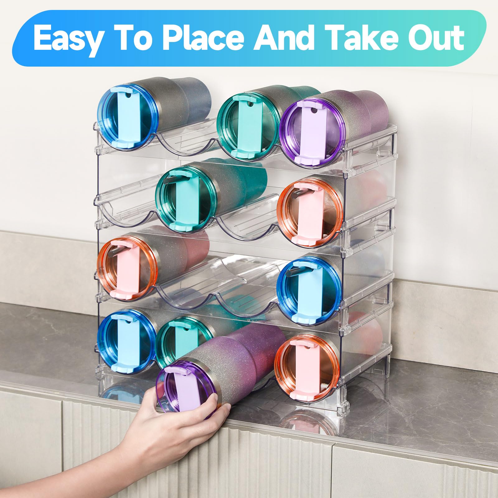 IROONN Water Bottle Organizer for Cabinet, Stackable Water Bottle Storage Rack, 4 Tier Water Bottle Holder for Kitchen Pantry, Tumbler Travel Mug Cup Organizer, Hold 16 Bottles