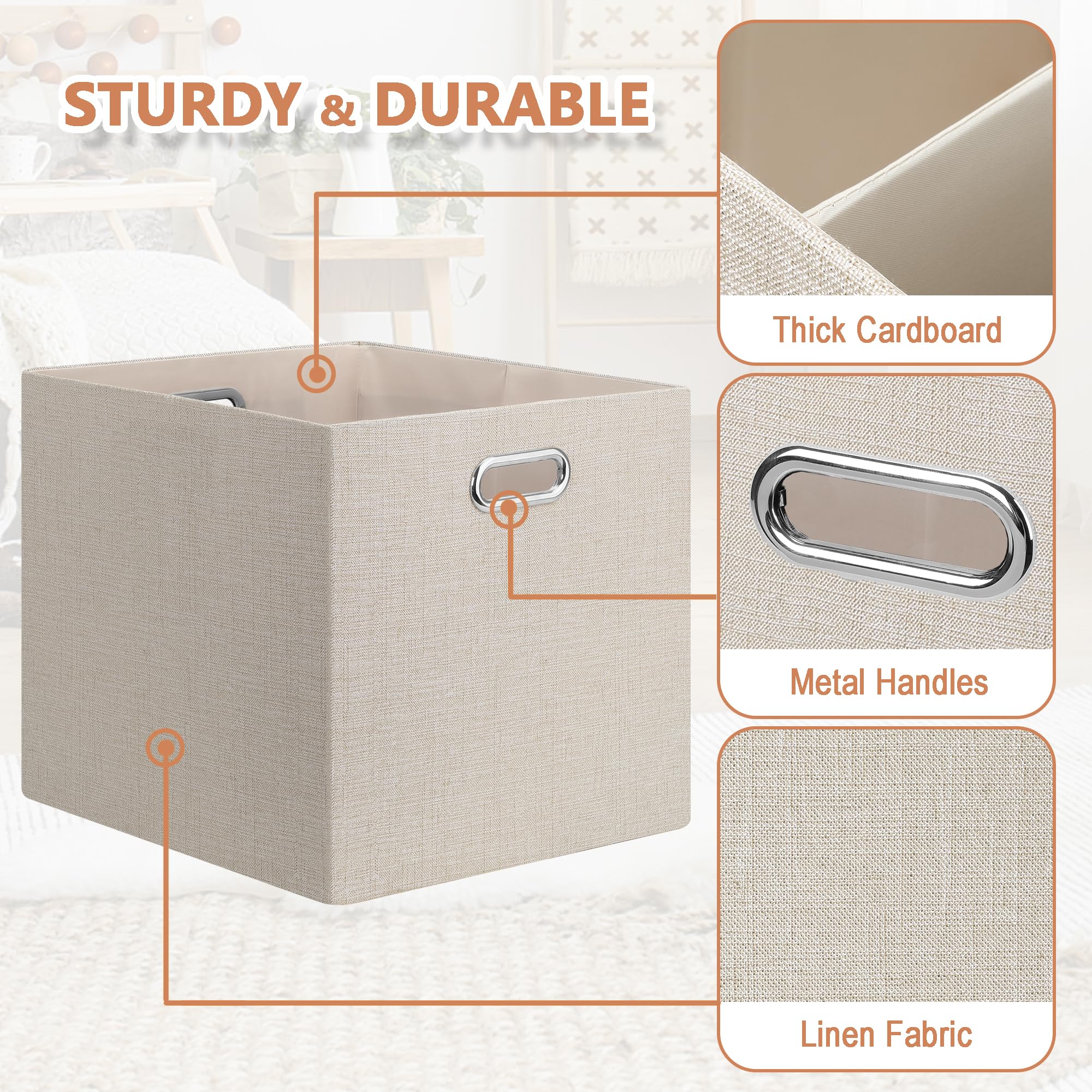 Posprica 13x15x13in Collapsible Storage Bins, Fabric Foldable Cube Storage Boxes, Decorative Storage Baskets Organizer for IKEA Kallax, Shelves, Closet, Clothes, Toy, Set of 4-Beige