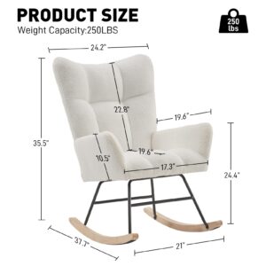 Nolohoo Rocking Chair Nursery, Teddy Upholstered Nursery Rocker Rocking Accent Chair with High Backrest Armrest for Mom, Baby, Bedroom and Living Room, White Teddy